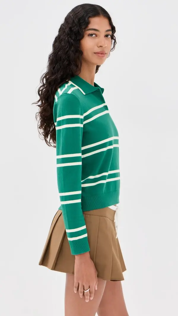 STATE & LAKE Long Sleeve Striped Polo - Green/white