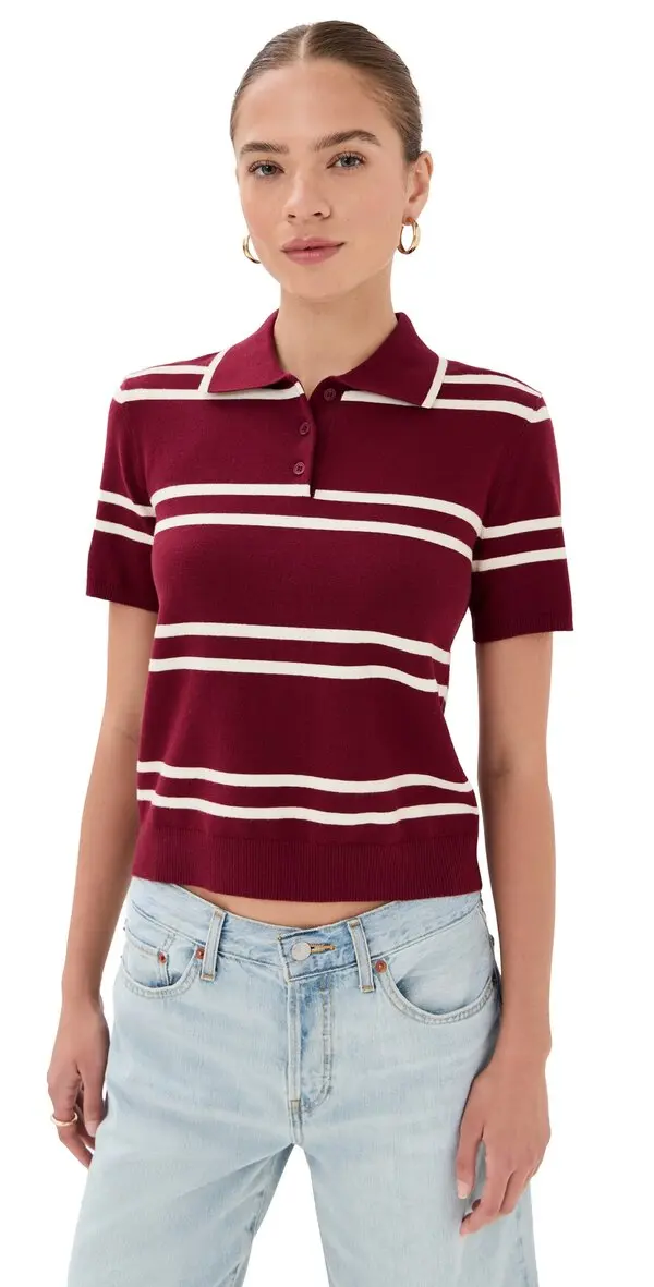 STATE & LAKE Striped Knit Polo - Oxblood/white