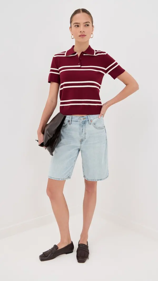 STATE & LAKE Striped Knit Polo - Oxblood/white
