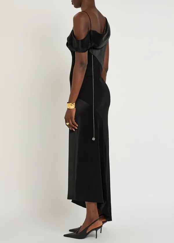 loewe draped silk dress Loewe One-Shoulder Draped Satin Maxi Dress