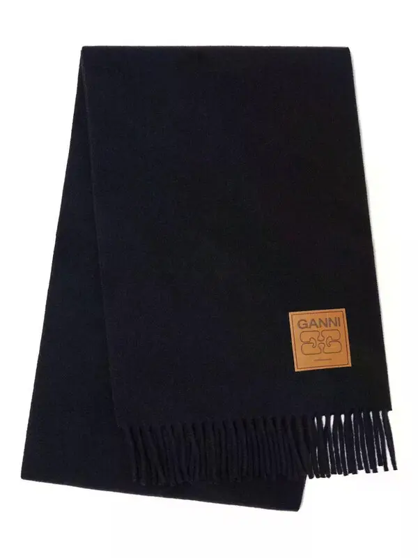 GANNI Logo-plaque Fringed Scarf - Black