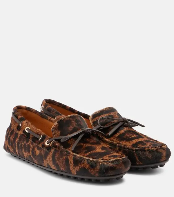 TOD'S Gommino Leopard-print Calf Hair Boat Shoes - Brown