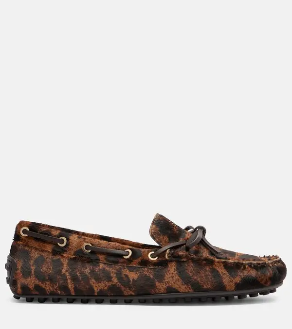 TOD'S Gommino Leopard-print Calf Hair Boat Shoes - Brown