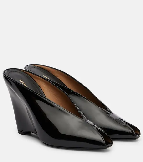 FERRAGAMO Alicia 95 Patent Leather Wedge Mules - Black