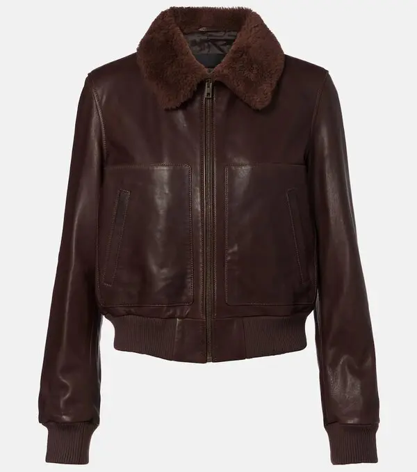 NILI LOTAN Shearling Trimmed Leather Jacket - Brown