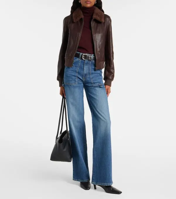 NILI LOTAN Shearling Trimmed Leather Jacket - Brown