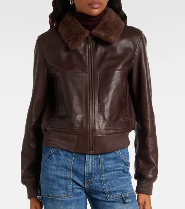 NILI LOTAN Shearling Trimmed Leather Jacket - Brown