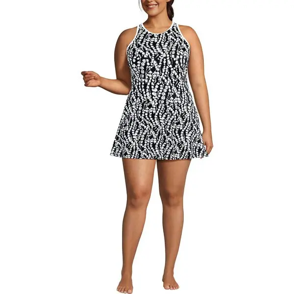 LANDS' END Chlorine Resistant High Neck Swim Dress One Piece Swimsuit - Black/white Vine Floral