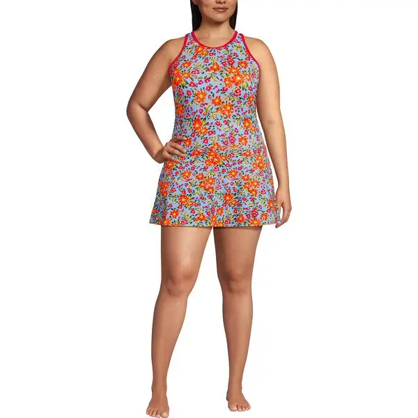 LANDS' END Tugless High Neck Swim Dress - Blue Springside Floral