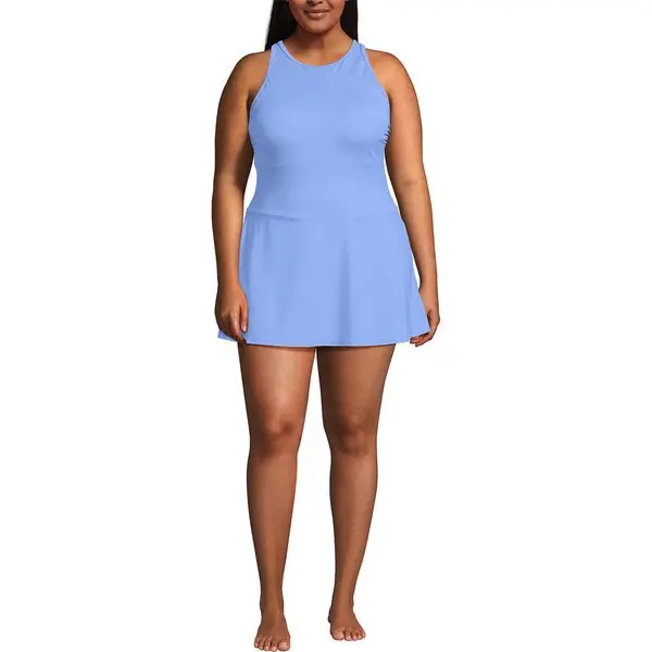 LANDS' END Chlorine Resistant High Neck Swim Dress - Clear Blue Sky