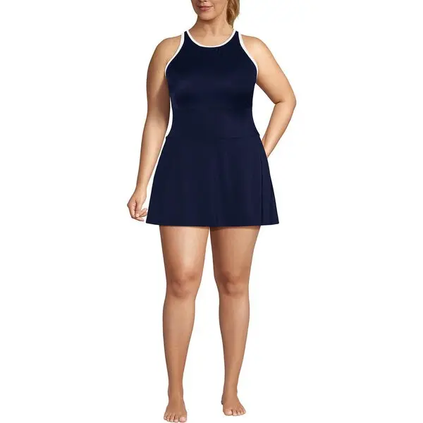 LANDS' END Tugless High Neck Swim Dress - Deep Sea Navy/white