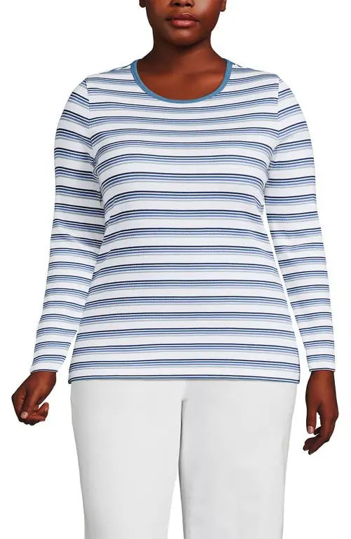 LANDS' END Long Sleeve Micro Rib T-shirt - Ivory/teal Blue Multi Stripe