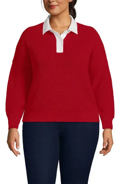 LANDS' END Drifter Rugby Sweater With Woven Collar - Compass Red