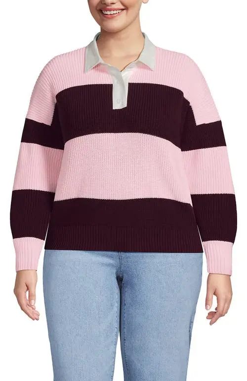 LANDS' END Drifter Jacquard Rugby Sweater With Woven Collar - Lush Burgundy/pink Rugby