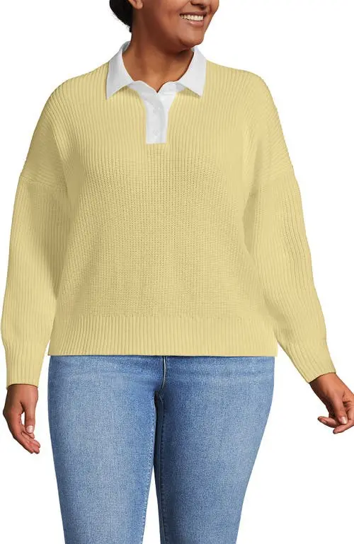 LANDS' END Drifter Rugby Sweater With Woven Collar - Pale Yellow