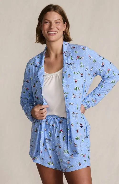 LANDS' END Cooling 3 Piece Pajama Setlong Sleeve Top Cami And Shorts - Clear Blue Sky Skiers