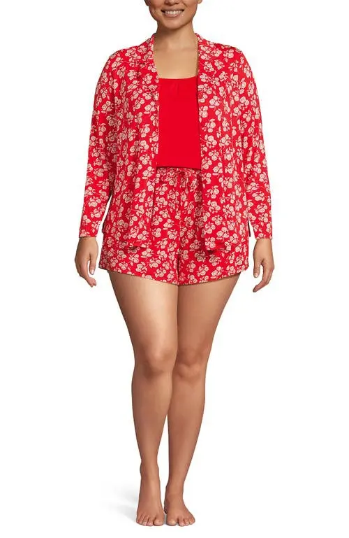 LANDS' END Cooling 3 Piece Pajama Setlong Sleeve Top Cami And Shorts - Coral Red Blooms
