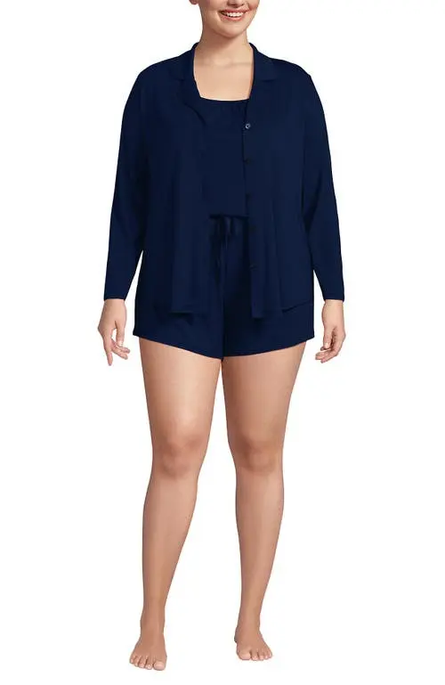 LANDS' END Cooling 3 Piece Pajama Setlong Sleeve Top Cami And Shorts - Deep Sea Navy
