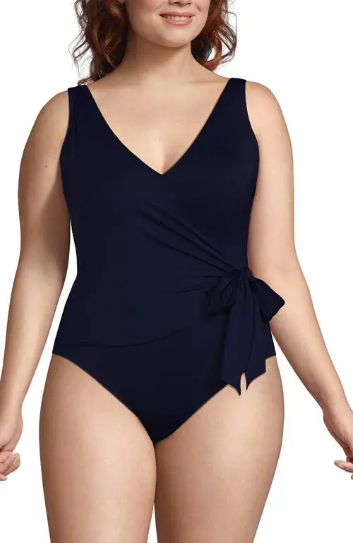 LANDS' END Chlorine Resistant Side Tie Wrap High Leg One Piece Swimsuit - Deep Sea Navy
