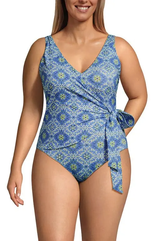 LANDS' END Side Tie Wrap One-piece Swimsuit - Lake Blue/egret Geo Floral