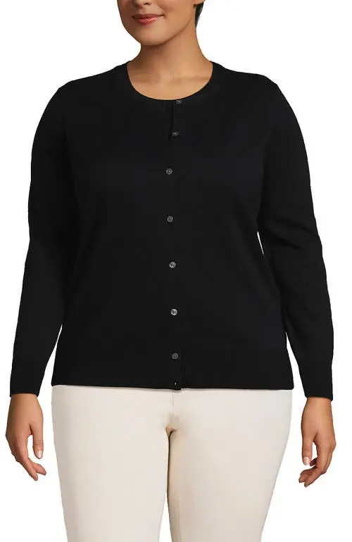 LANDS' END Fine Gauge Cotton Cardigan Sweater - Black