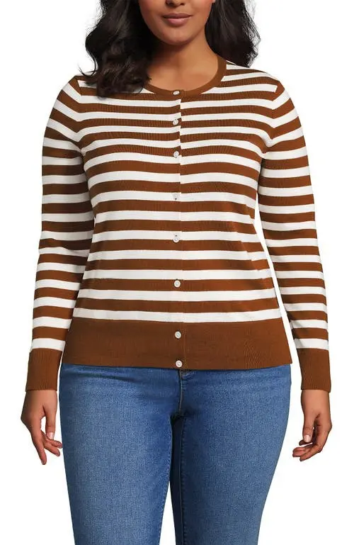 LANDS' END Fine Gauge Cotton Cardigan Sweater - Rich Ginger/fresh Ivory