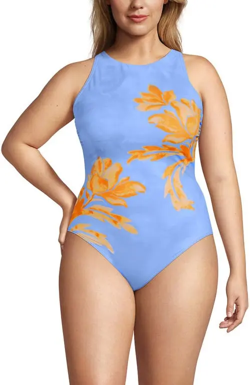 LANDS' END Tugless High Neck Portrait Back One-piece Swimsuit - Blue Elegant Floral Placement