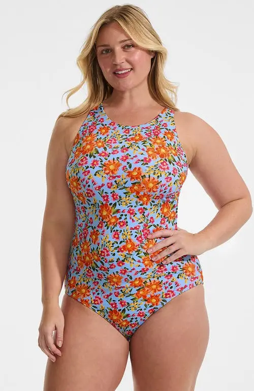LANDS' END Tugless High Neck Portrait Back One-piece Swimsuit - Blue Springside Floral