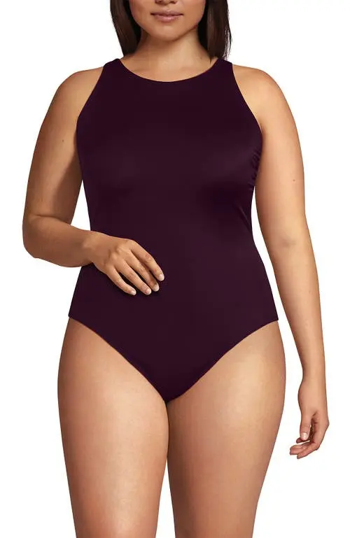 LANDS' END Tugless High Neck Portrait Back One Piece Swimsuit - Dark Wine