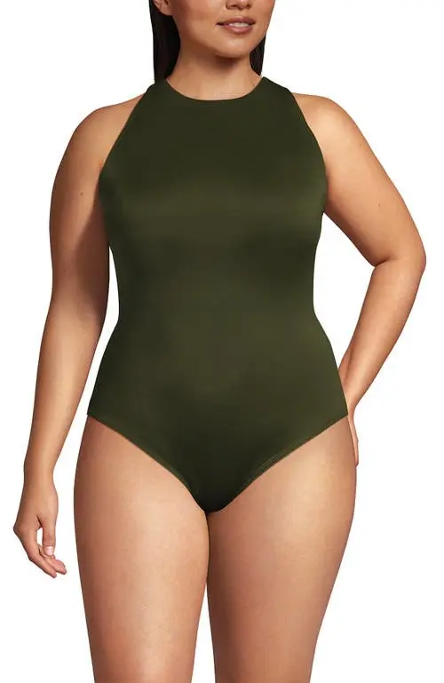 LANDS' END Tugless High Neck Portrait Back One-piece Swimsuit - Seaweed