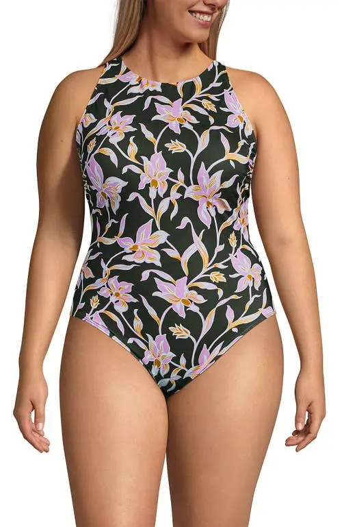 LANDS' END Tugless High Neck Portrait Back One Piece Swimsuit - Tropic Floral/rich Olive