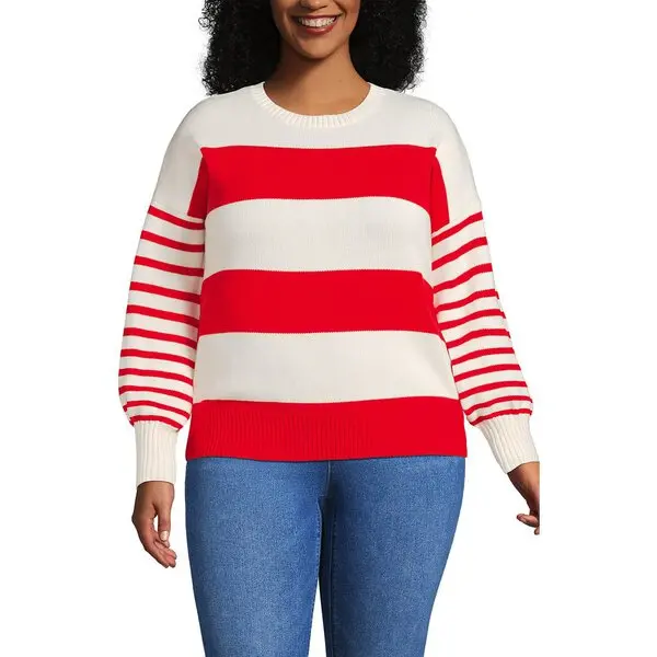 LANDS' END Drifter Jersey Crewneck Sweater - Coral Red/ivory Stripes
