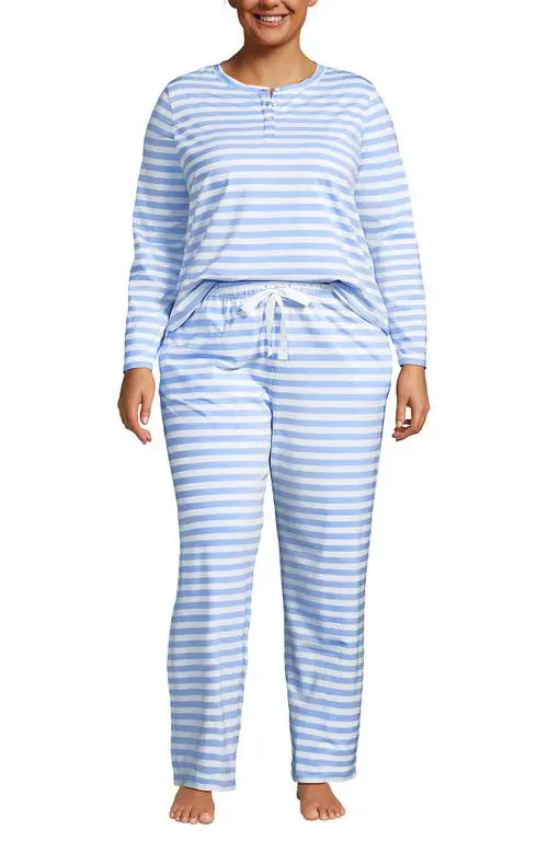 LANDS' END Petite Knit 2 Piece Pajama Setlong Sleeve Top And Pants - Clear Blue Sky Even Stripe