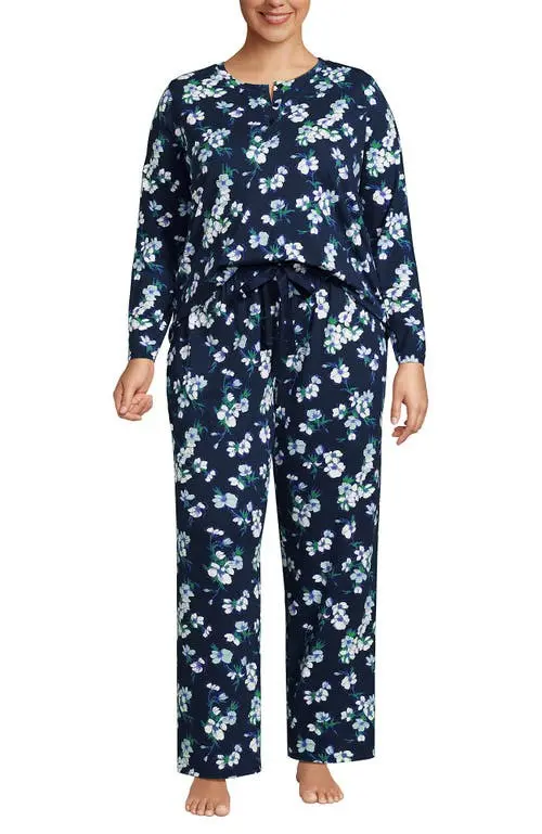 LANDS' END Petite Knit 2 Piece Pajama Setlong Sleeve Top And Pants - Deep Sea Navy Painterly Floral