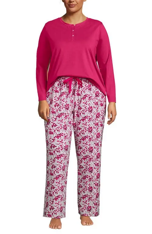 LANDS' END Knit 2 Piece Pajama Setlong Sleeve Top And Pants - Hot Pink Floral