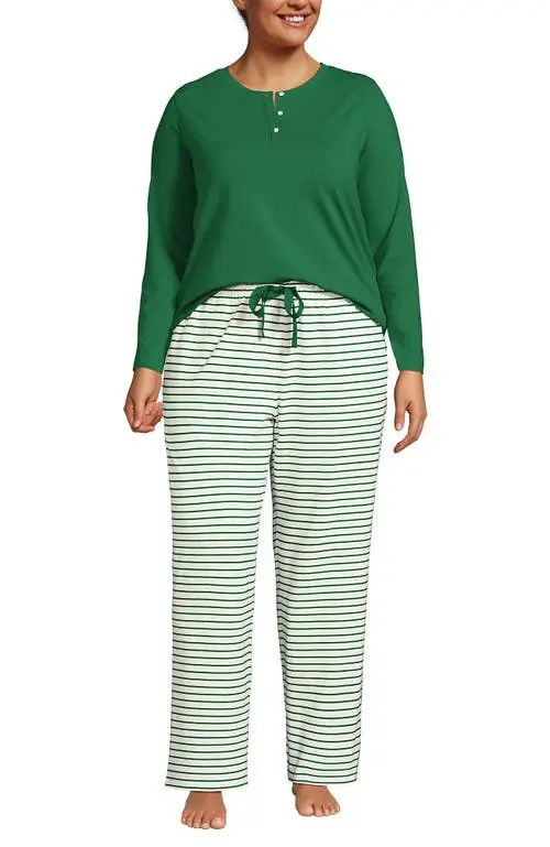 LANDS' END Knit 2 Piece Pajama Setlong Sleeve Top And Pants - Ivory/clover Simple Stripe