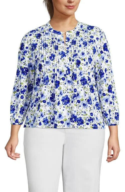 LANDS' END Lightweight Jersey Pintuck Top - Clear Blue Painted Blooms