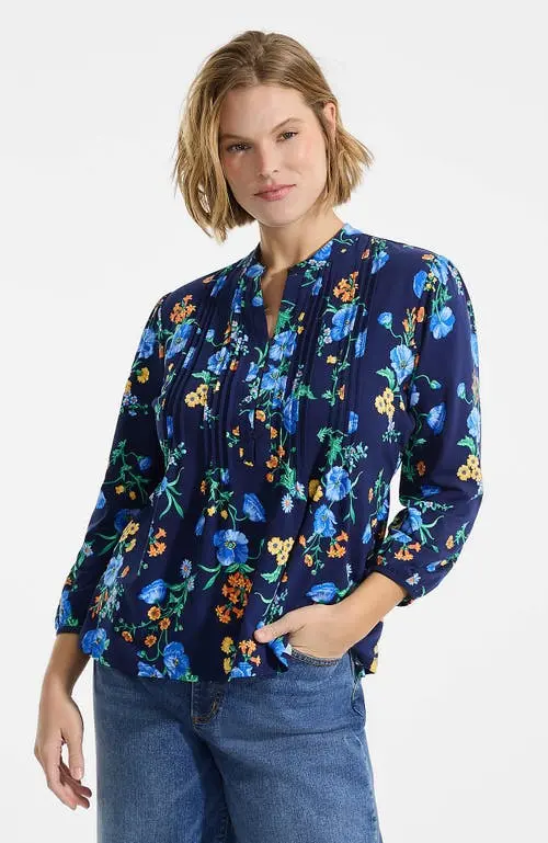 LANDS' END Lightweight Jersey Pintuck Top - Navy/tossed Poppy Floral