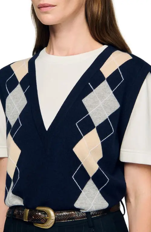 Sandro Argyle Layered Jumper - Navy Blue