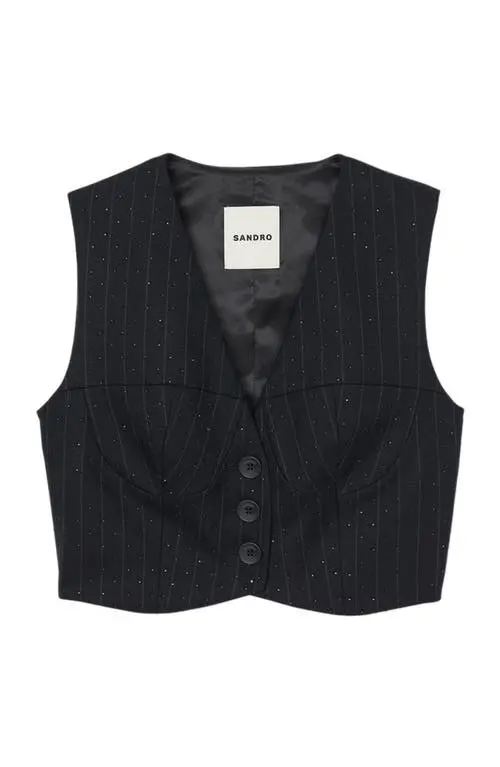 Sandro Striped Rhinestone Embellished Vest - Navy Blue