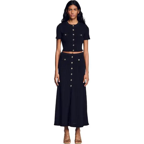 Sandro Cropped Pointelle Knit Cardigan - Black