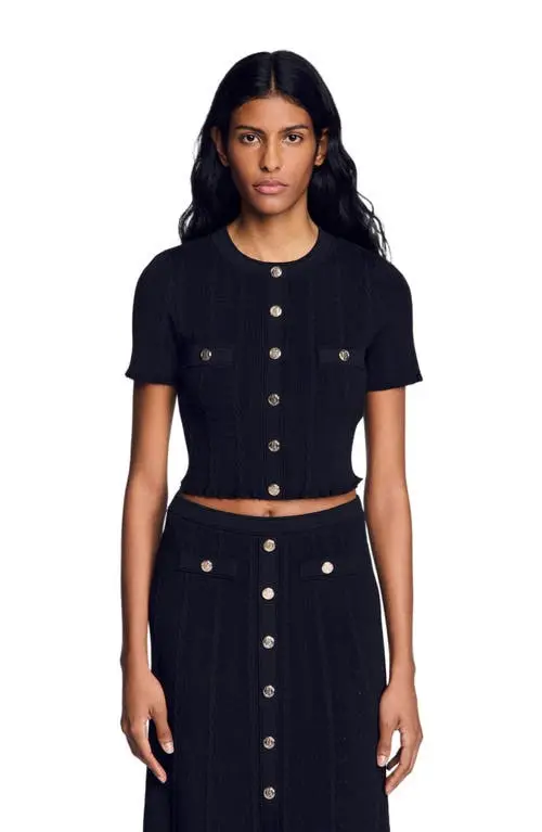 Sandro Cropped Pointelle Knit Cardigan With Button Detailing