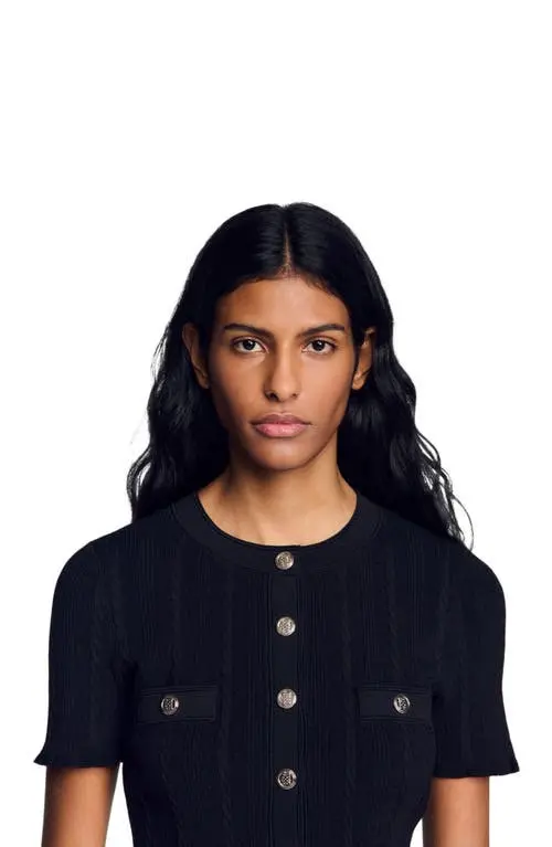 Sandro Cropped Pointelle Knit Cardigan With Button Detailing