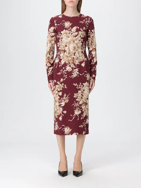 Dolce & Gabbana Floral Print Long Sleeve Midi Dress - Red