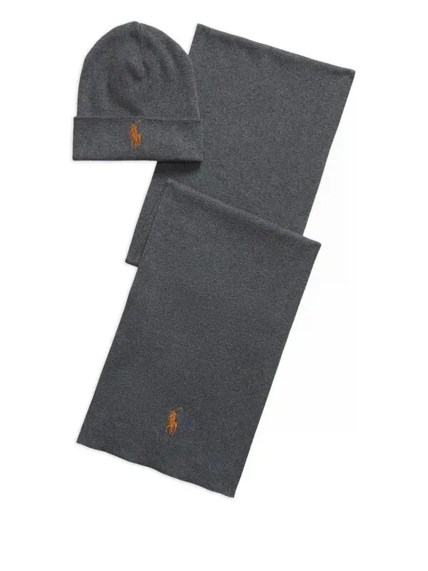 Polo Ralph Lauren Embroidered-logo Beanie And Scarf Set - Grey