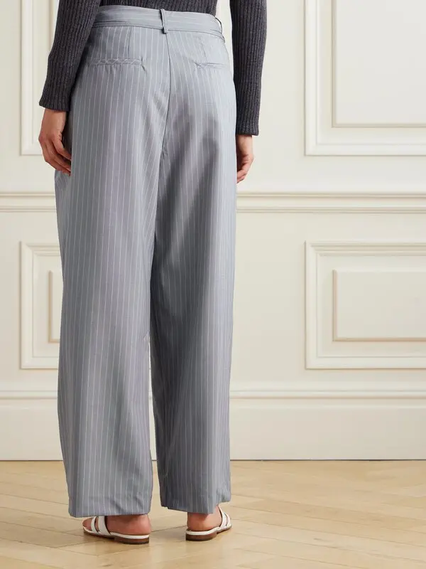 DEIJI STUDIOS Belted Striped Wool Straight-leg Pants - Gray