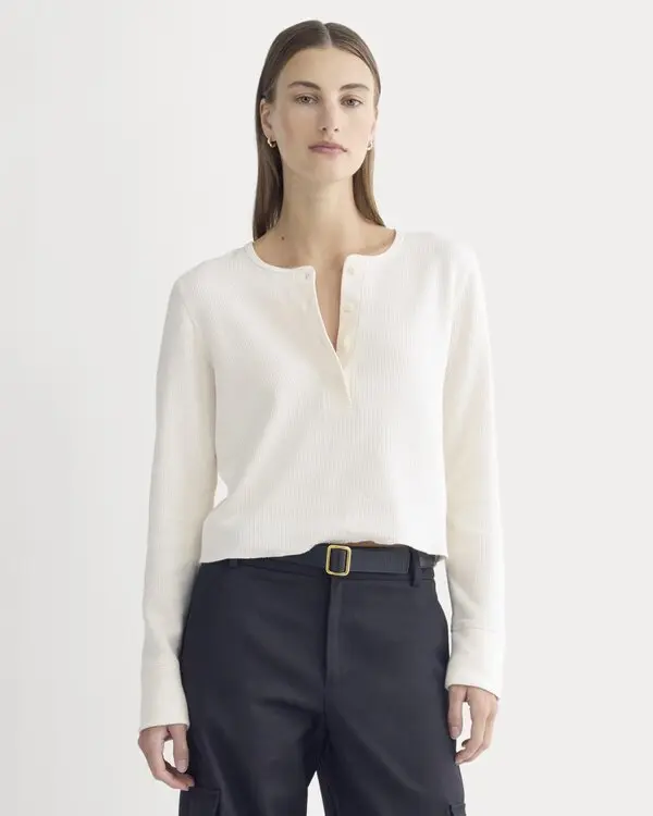 Everlane Boxy Henley Waffle Cotton Sweater - Bone White