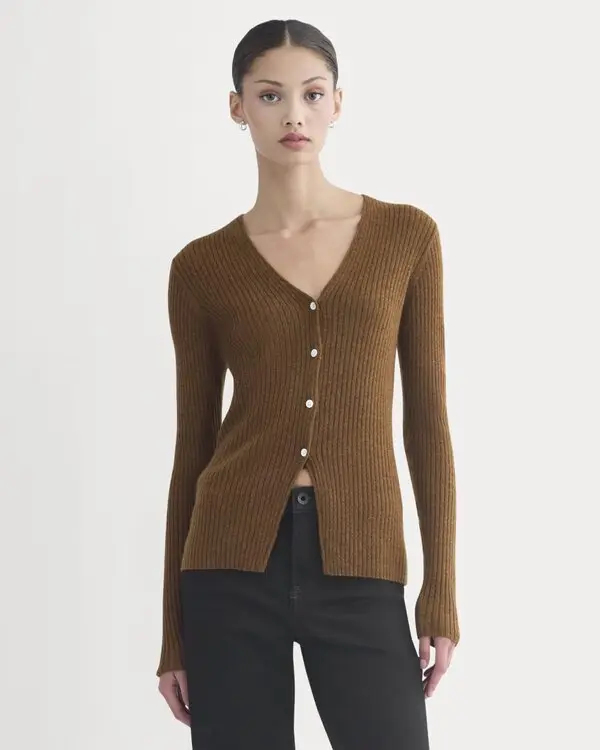 Everlane Cashmere Ribbed V-neck Cardigan - Heathered Toffee