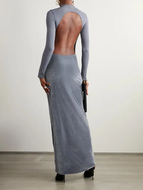 fitted lace wedding dress Waylynn Gray Animal Print Burnout Velvet Detail Mesh Backless Maxi Dress main image 1