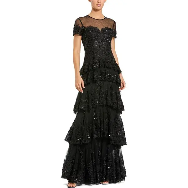 Mac Duggal Short Sleeve Tiered Mesh Gown With Embellishments